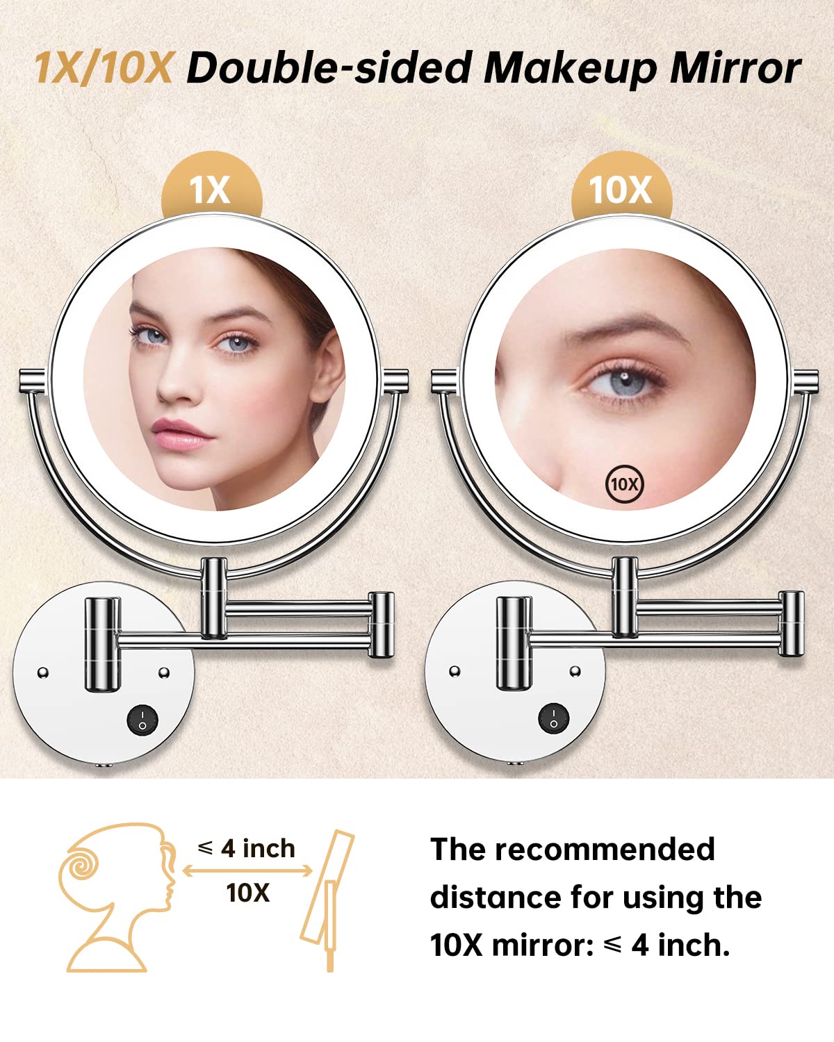 Gospire 8.5" Wall Mounted Lighted Magnifying Mirror, 1X/10X Double-Sided Magnification Round LED Cosmetic Vanity Bathroom Mirror Extendable Arm 360° Swivel for Shaving Makeup