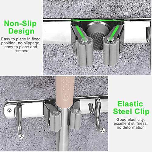 Mop and Broom Holder Wall Mount, SullWaker 3 Position with 4 Hooks Can Hold 7 Tools Stainless Steel Broom Organizer Wall Mount, Storage Hook Suitable for Home, Kitchen, Bathroom, Garage 1 Pack