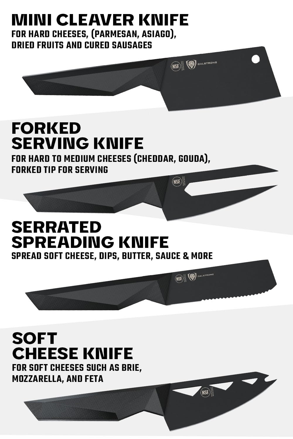 DALSTRONG Cheese Knife Set - 4-Piece - Shadow Black Series - Black Titanium Nitride Coated - High Carbon - 7CR17MOV-X Vacuum Treated Steel Cheese Knives Set - Sheath - Soft Hard Cheese - NSF Certified