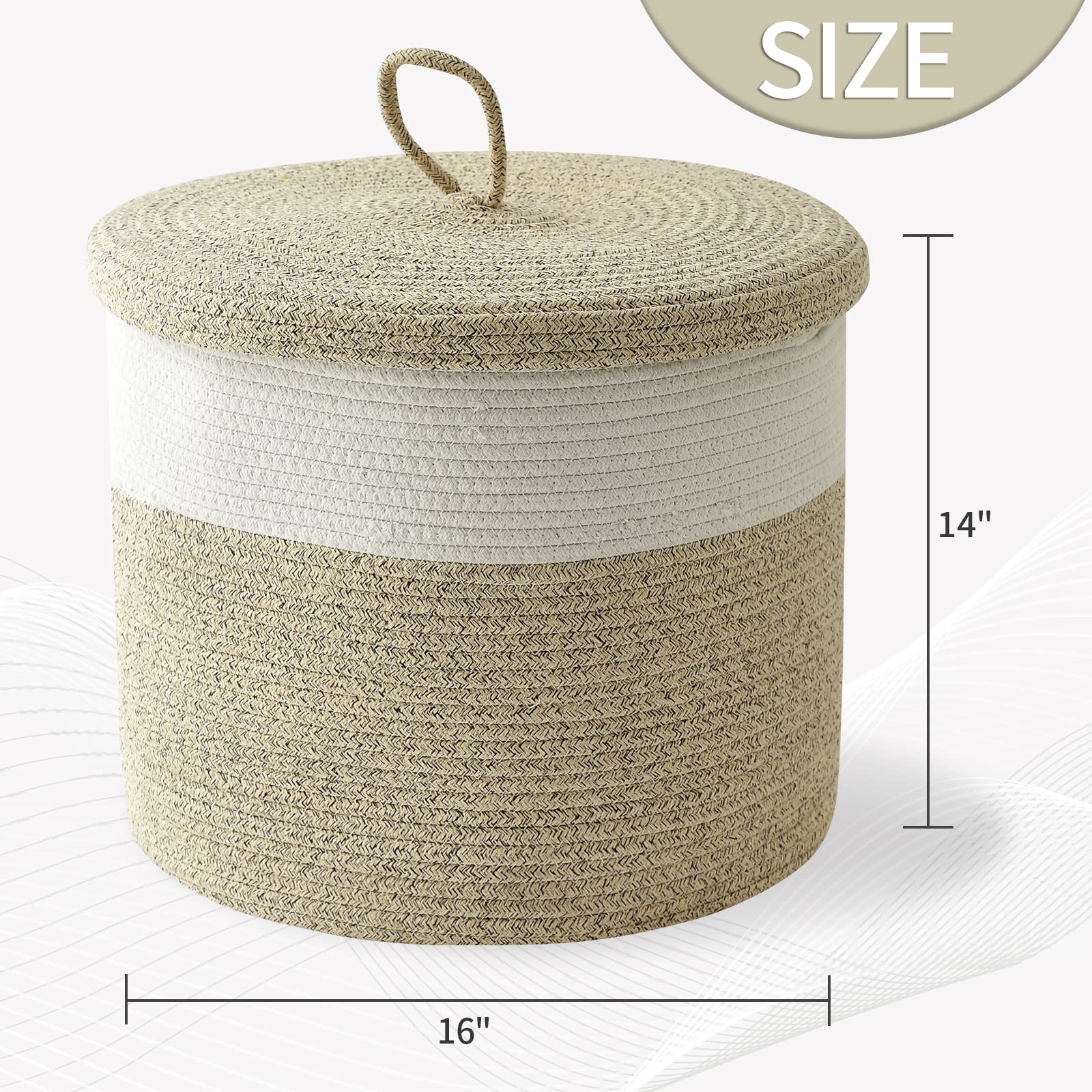 Tegance Blanket Basket with Lid, 16"D x 14"H Large Woven Rope Basket Laundry Basket Baby Toy Storage Basket Hamper Decorative Nursery Bin for Living Room Bedroom with Handles (Brown&White)