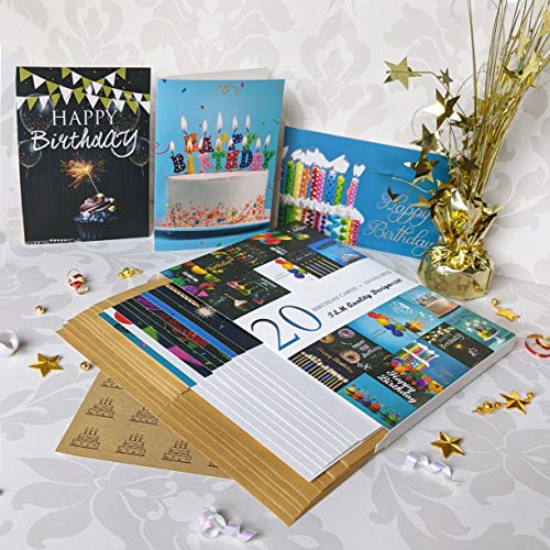 Happy Birthday Cards with Envelopes and Stickers β 20 Unique Designs Greeting Notes, 4x6 Inches when Folded, Thick Cardstock, Matte Finished in a Sturdy Box
