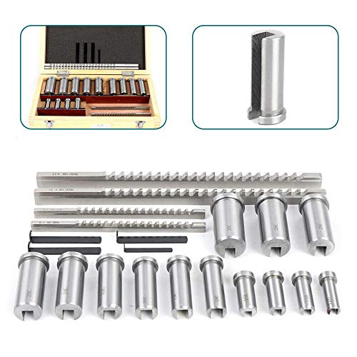 22 Pcs Keyway Broach Kit Collared Bushing Shim Sets in Fitted Box, Metric Size 4 pcs Broach & 13 Collared Bushing & 5 Gaskets, High Speed Steel Material Metalworking Industrial Tools