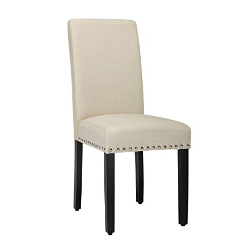LSSBOUGHT Upholstered Dining Chairs with Solid Wood Legs and Nailed Trim Set of 4 (Beige)