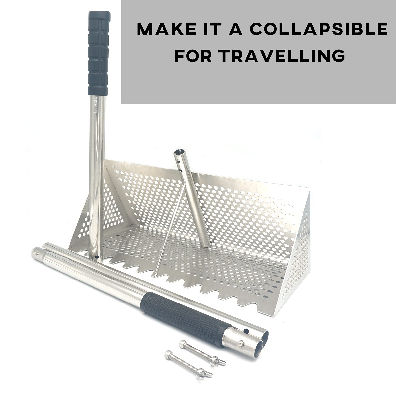 Sand Fleas Rake, Stainless Steel Sand Sifter, Detachable 47 Inches Long Handle, 15.7 Inches Width Basket, Sand Crab Catcher with Sharp Teeth,Collapsible Sand Fleas Catcher for Travelling.
