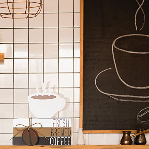 4 Pieces Mini Coffee Bar Sign Decor Accessories Coffee Tiered Tray Décor, Wooden Book Stacks Rustic Farmhouse Coffee Table Sign for Tiered Tray Decor