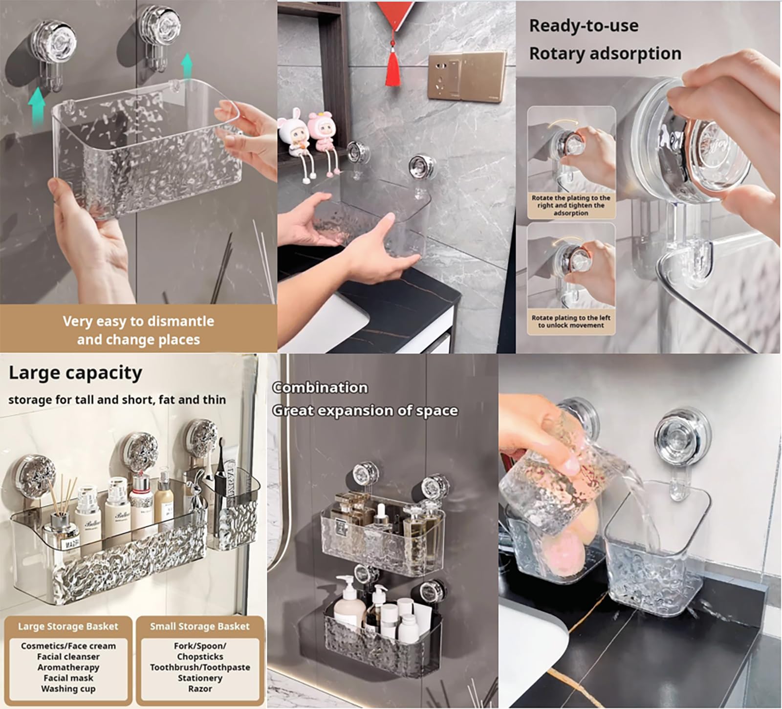 2024 Suction Shower Caddy, Light Luxury Style Glacier Pattern Suction Cup Shelf Multifunctional Bathroom Shower Basket Wall Mounted Organizer Shelf Removable Shower Basket for Home (Small+Large)