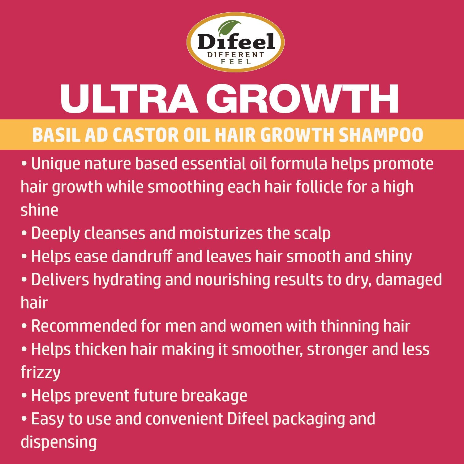 Difeel Brand Ultra Growth Shampoo, 12 oz - Made with Basil & Castor Oil, Sulfate Free, Natural , Pro Growth for Thinning Hair, Unisex