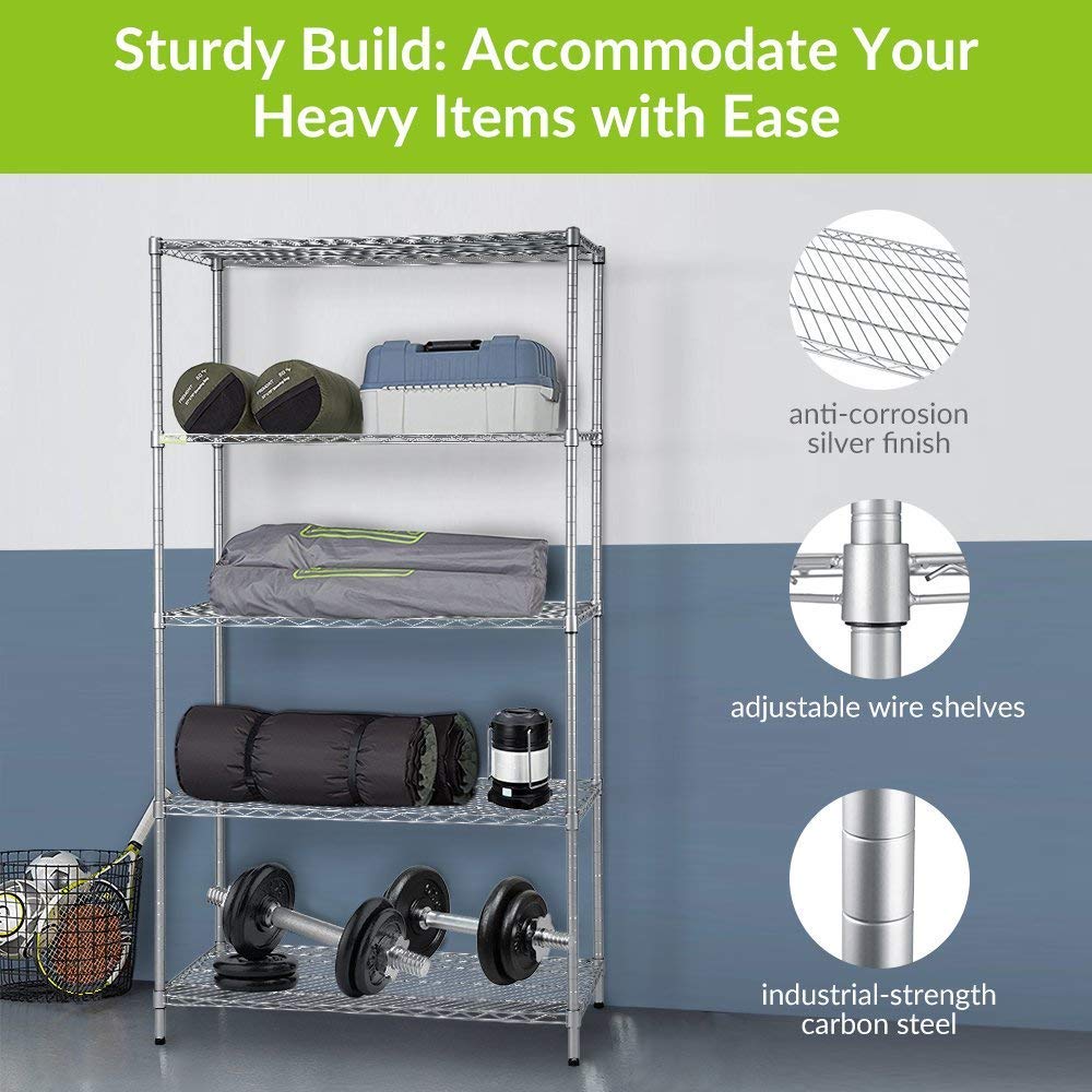 5-Tier Wire Shelving Unit, Adjustable Steel Storage Shelves 35.4" D x 17.7" W x 66.9" H, Commercial Storage Organisation Rack Heavy Duty Steel Shelving for Kitchen Bedroom Bathroom Office Garage