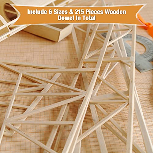 215 Pieces Balsa Wood Sticks Wooden Dowel Rods 1/8, 3/16, 1/4, 5/16, 3/8, 1/2 Inch Round Hardwood Unfinished Wooden Strips for DIY Molding Crafts Projects Making (Square)