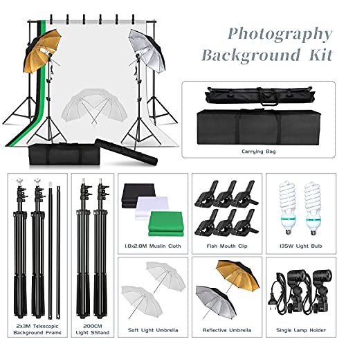 Walk Fly Photography Umbrella Lighting Kit, 6 x 9FT Muslin Screen Backdrop Continous Lighting Umbrella Equipment, 7 x 10FT Background Stand Support System for Studio Photo Portrait Video Shooting