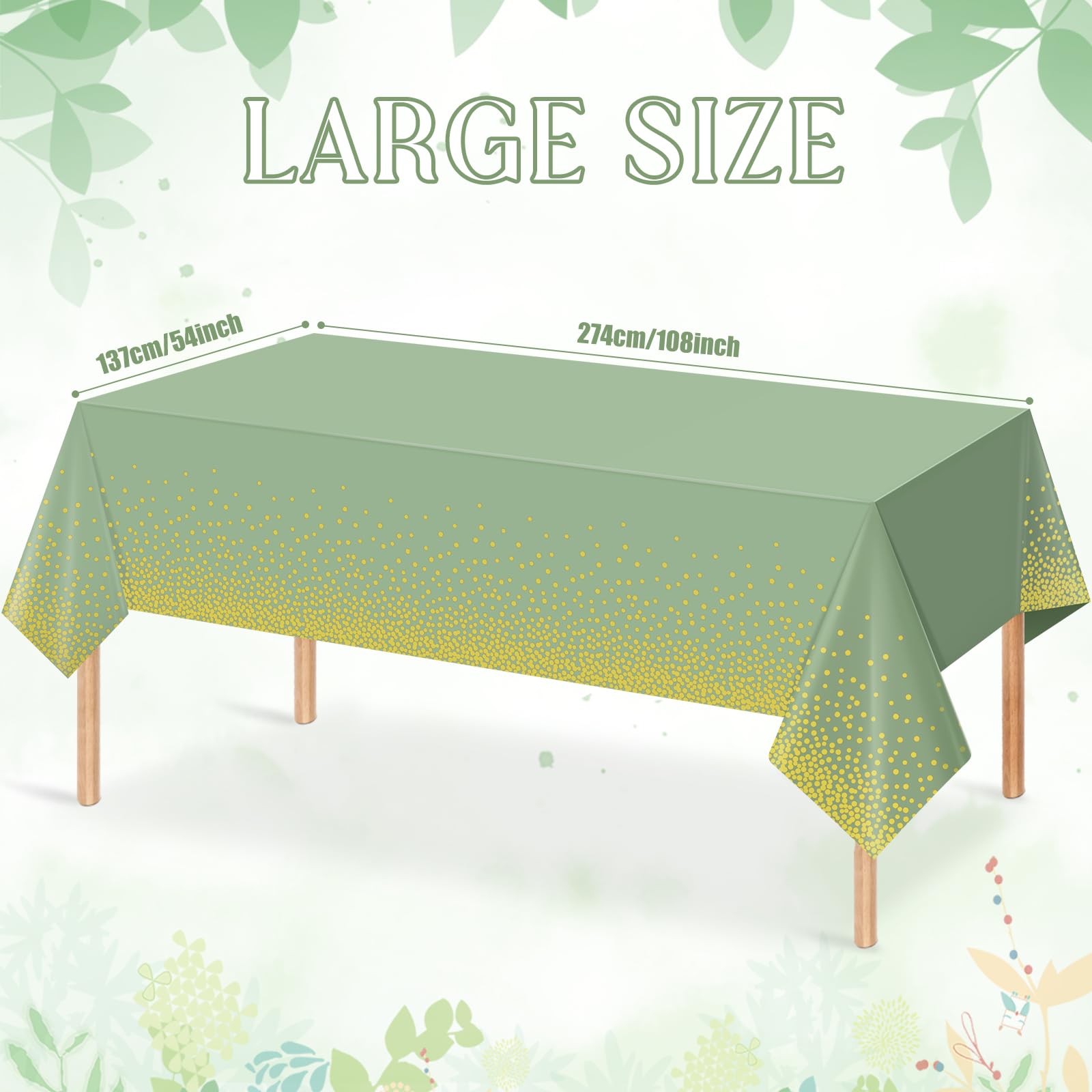 3 Pack Sage Green and Gold Plastic Tablecloth, Green Disposable Table Cloth for Rectangle Tables, Gold Stamping Dot Light Green Tablecloth for Baby Shower Birthday Wedding Party Decorations, 54"x108"