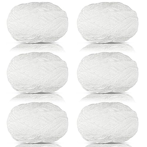 6 Rolls 1182 Yards Velvet Chenille Yarn Polyester Blanket Yarn Fuzzy Crochet Yarn Fluffy Soft Yarn Thick Yarn for Crocheting for DIY Bulky Weaving Crafts, 197 Yd, 3.53 Oz Each Roll (White)