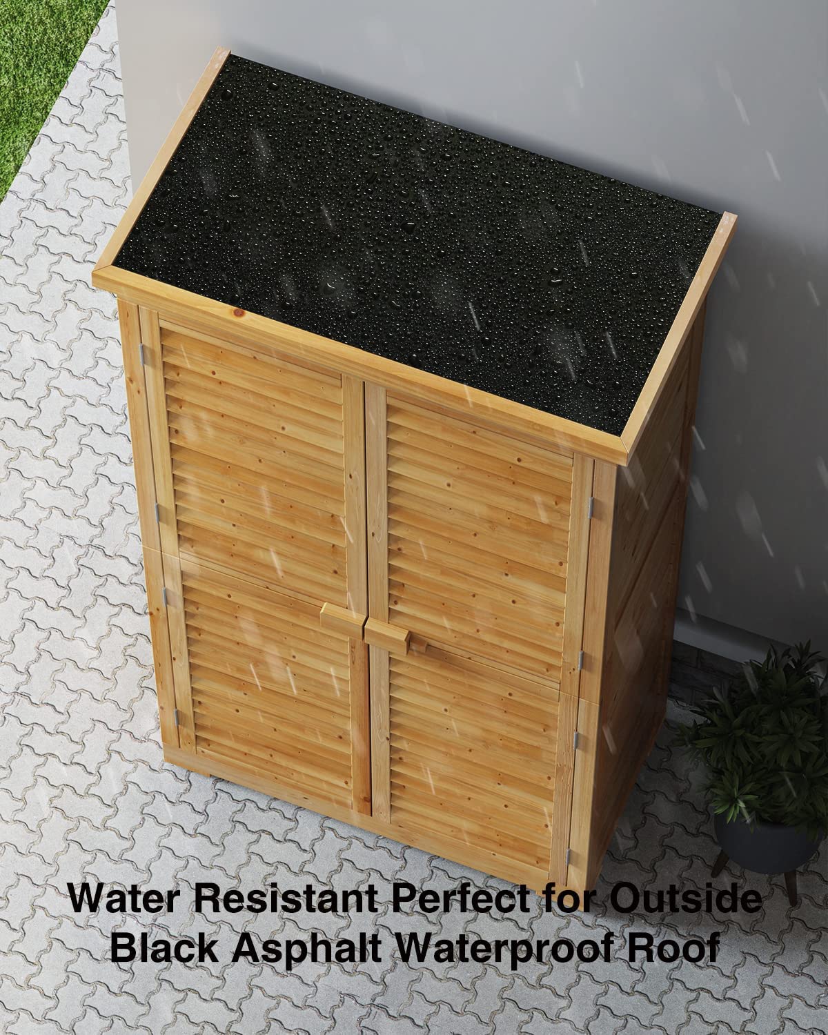 63.2" Outdoor Storage Cabinet with 3 Detachable Shelves, Lockable Wooden Garden Shed with Asphalt Roof, Vertical Tool Storage Shed for Backyard Patio Lawn Deck