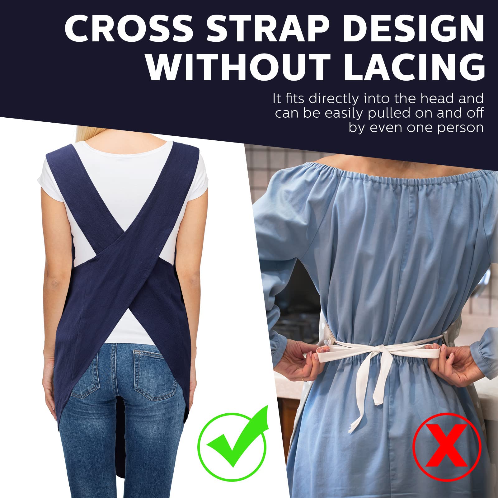 2 Pack Japanese Linen Cross Back Aprons Kitchen Cooking Aprons for Women Men with 2 Pockets Cute Gardening Apron Dress for Cooking, Baking, Cleaning and Painting