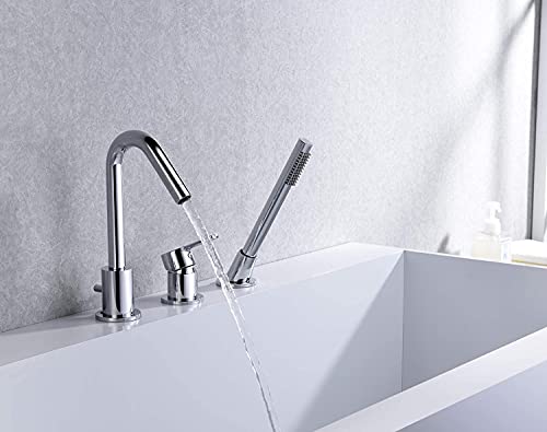 3 Hole Deck Mount Roman Tub Faucet with Hand Shower, Solid Brass Chrome Finish Valve Included