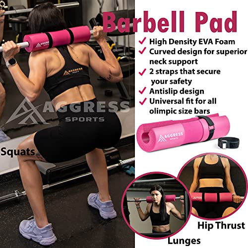Aggress Sports Barbell Pad Set of 8 β Barbell Squat Pad for Hip Thrust, Lunges with 2 Gym Ankle Straps, Hip Resistance Band β Durable Gym Accessories for Women Includes Carry Bag, Towel, pink