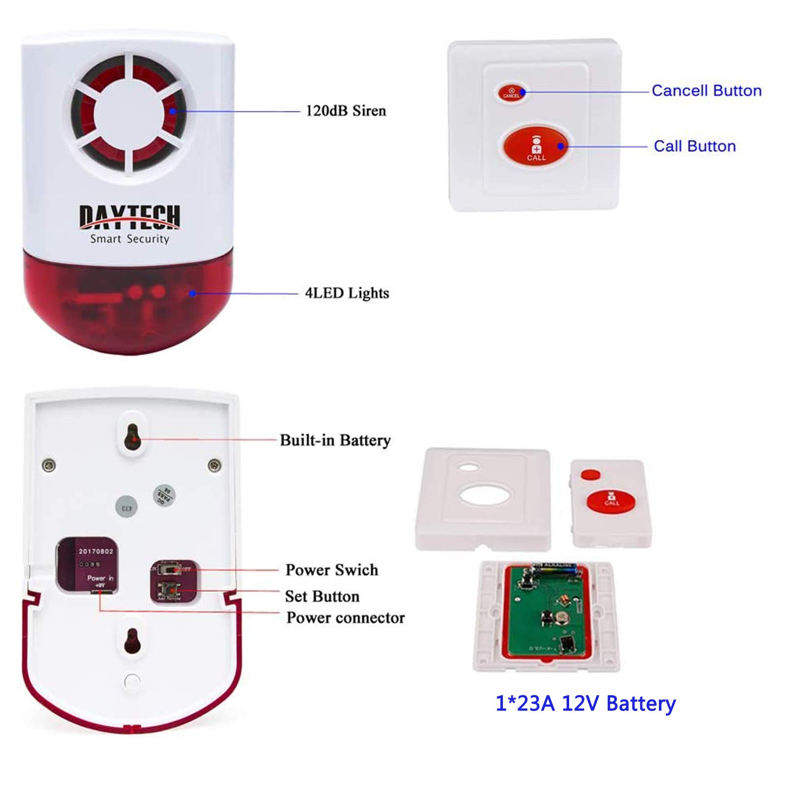 Daytech Strobe Siren Alarm Home Caring Loud Outdoor SOS Alert System 2 Red Flashing Siren 2 Remotes Panic Button 4 Emergency Button for Store Home Hotel Jewelry Shop Security Alarm