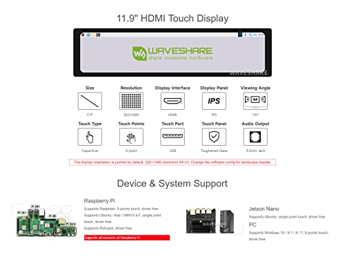Waveshare 11.9inch Capacitive Touch Screen LCD Compatible with Raspberry Pi 5/4B/3B+/3A+/2B/B+/A+/Zero/Zero W/WH/Zero 2W CM3+/4 320×1480 Resolution HDMI IPS Supports Jetson Nano/Windows
