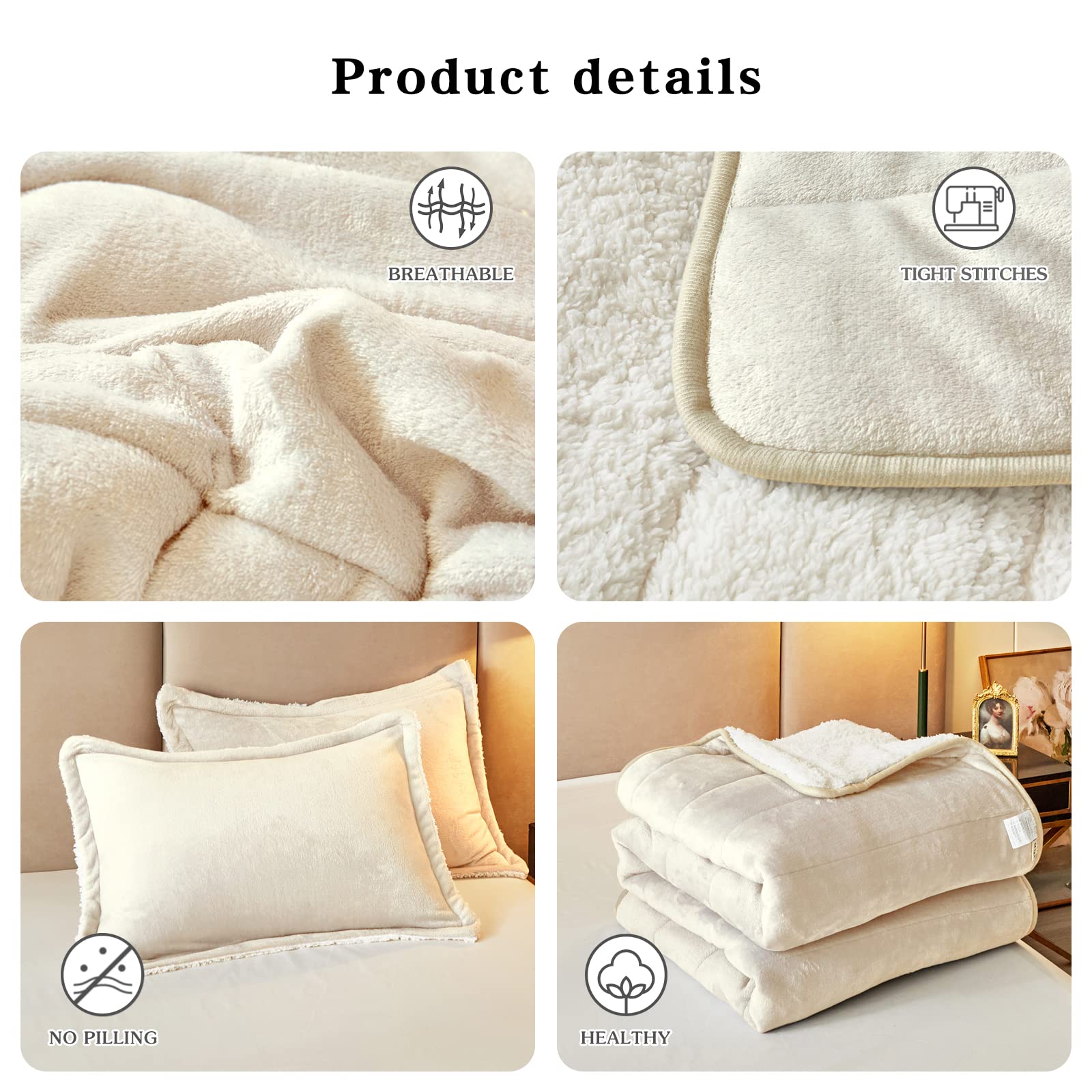 3-Layer Luxury Flannel Fleece Thick Bed Blanket Twin Size for Girls, Soft Plush Velvet Sherpa Blanket with 2 Pillow Shams Heavy Warm for Winter, Breathable n Washable, Cream White