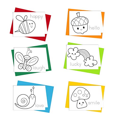 Coloring Cards: Happy Go Lucky Stationery Set of 6 Cards for Kids to Color and Practice Letter Writing - 100% Recycled - Made in USA