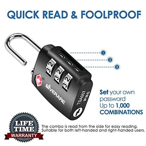 2 Pack TSA Approved Travel Luggage Locks, Combination Lock Alloy Body, Keyless 3-Digit Padlocks, Travel Sentry Accepted Compatible Padlock for Gym Locker, Golf Bag Case, Backpack, Black-by GIVERARE