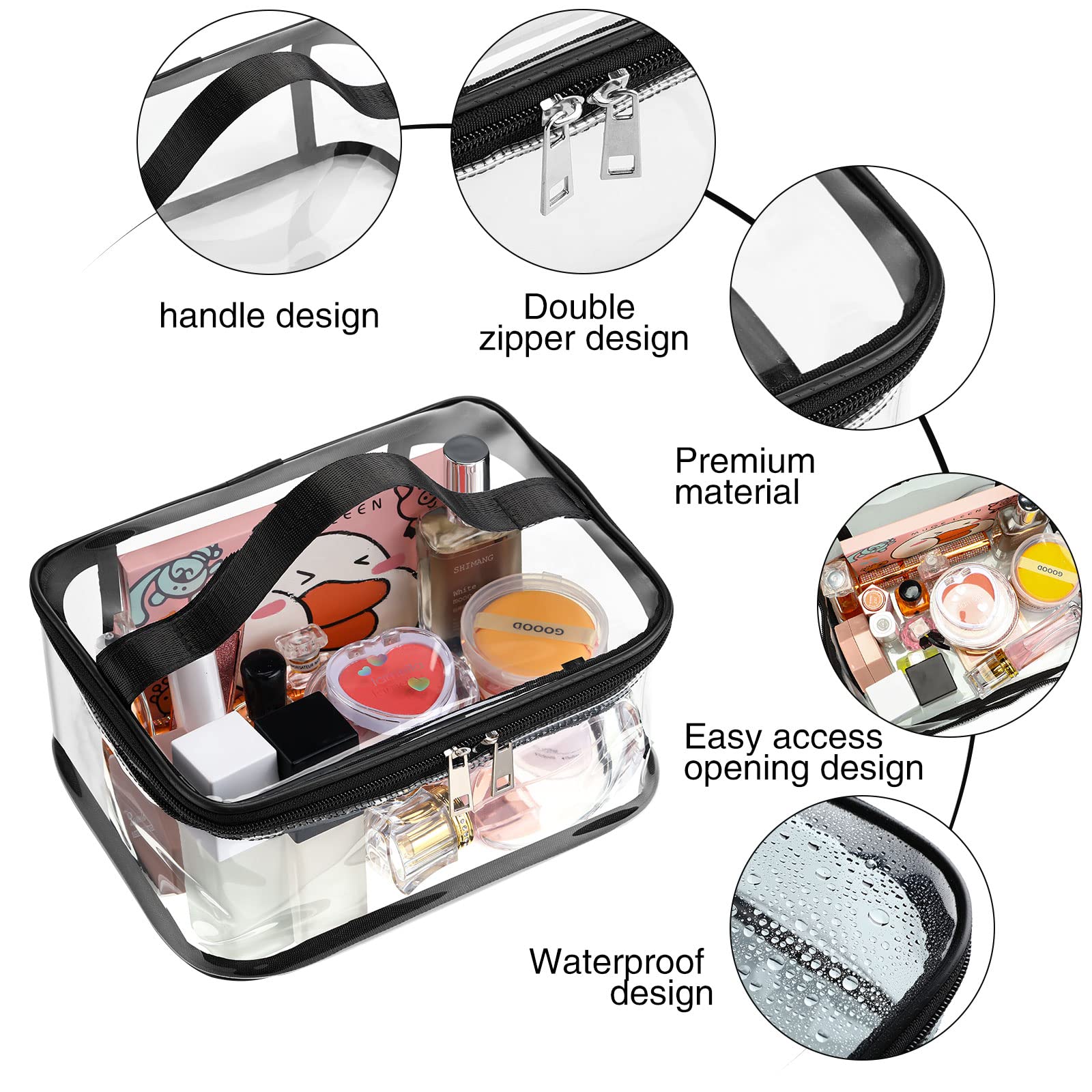 6 Pcs Large Clear Cosmetic Bags Clear Makeup Bag Transparent Zipper Travel Bag Toiletry Makeup PVC Bag Waterproof Portable Organizer Storage Pouch with Handle for Vacation Bathroom (Black Edge)