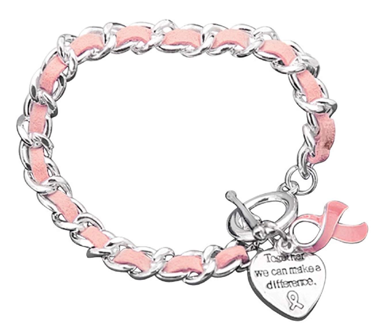 12 Pack Breast Cancer Awareness Pink Leather Rope Bracelets - Wholesale Pink Ribbon Awareness Bracelets for Breast Cancer Awareness Month