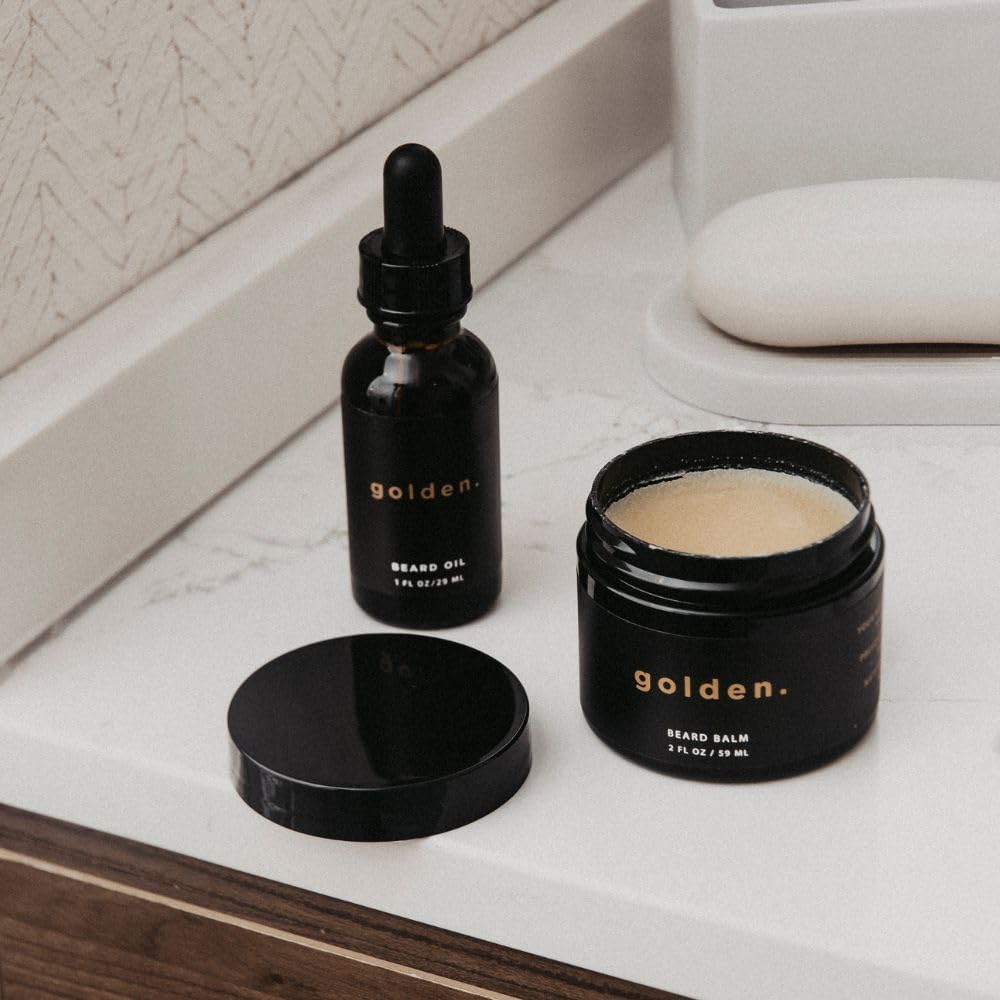 Golden Grooming Beard Oil & Balm Bundle for Men – Natural Growth Kit with Shea Butter – Tame, Moisturize & Style Your Beard (2x Oil 1 Oz - 2x Balm 2 Oz, Natural)
