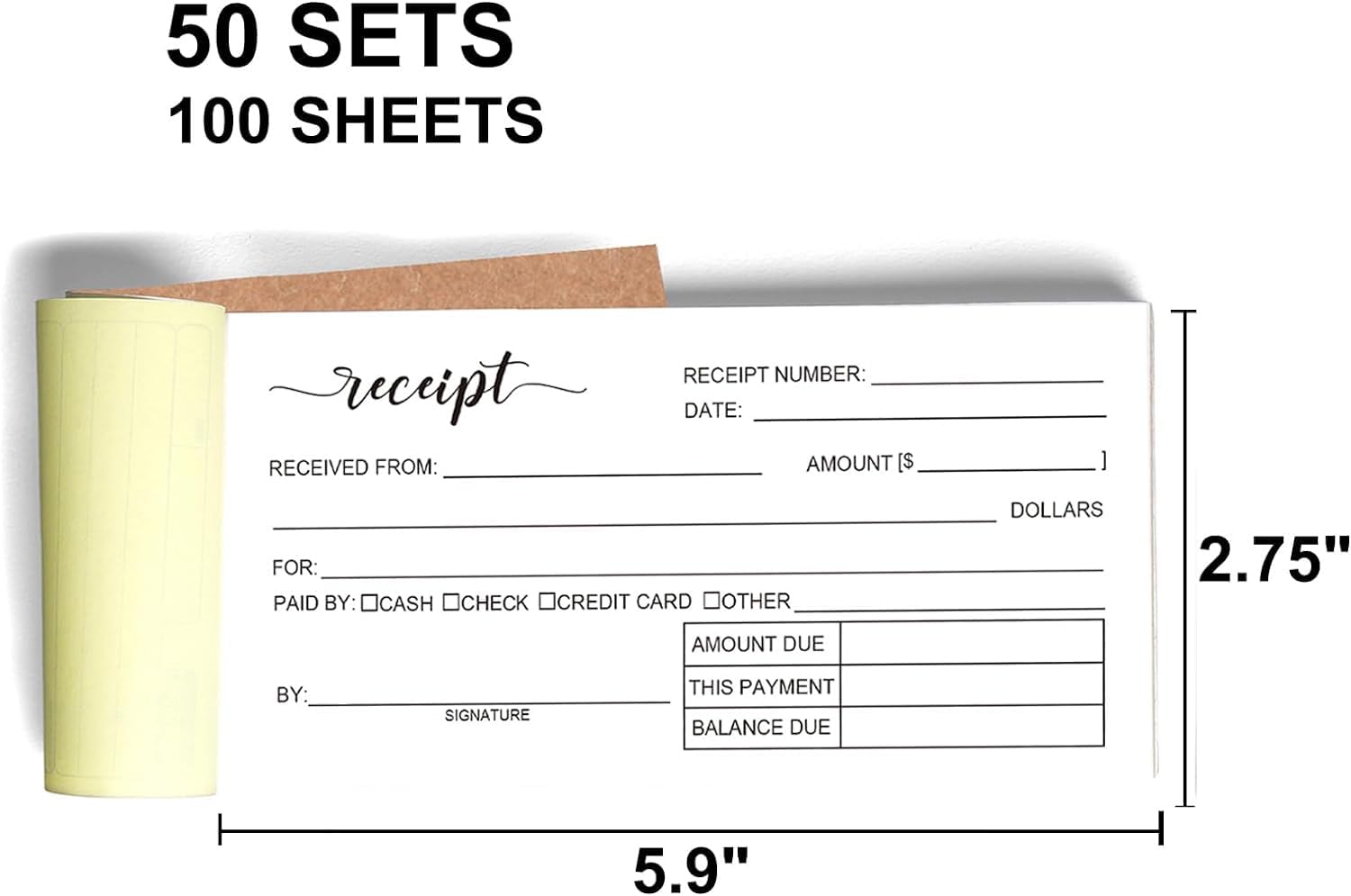 2 Packs 50-Set Receipt Pad, Carbon Duplicate Copy Sales Receipt Form, Invoice Booklet for Stores, Warehouses, Offices, and Restaurants, 6x3 Handheld, 2-Part Carbonless-White/Yellow.