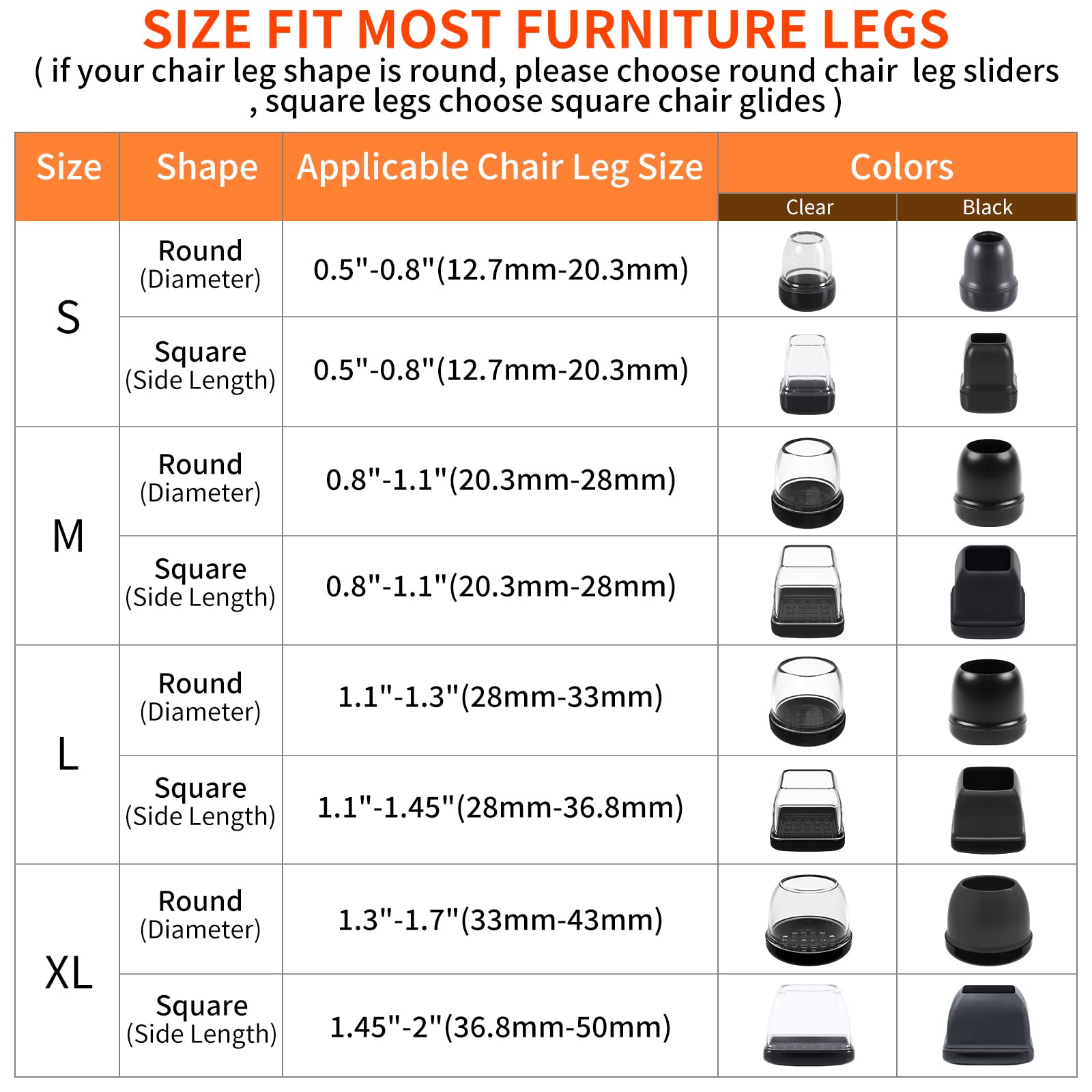 24 PCS Extra Large Clear Chair Leg Sliders for Carpet, Square Chair Glides Carpet, Teflon Furniture Pads, Chair Leg Floor Protectors Caps for Carpet, Table Chair Leg Cups Covers (Fit 1.45" - 2")