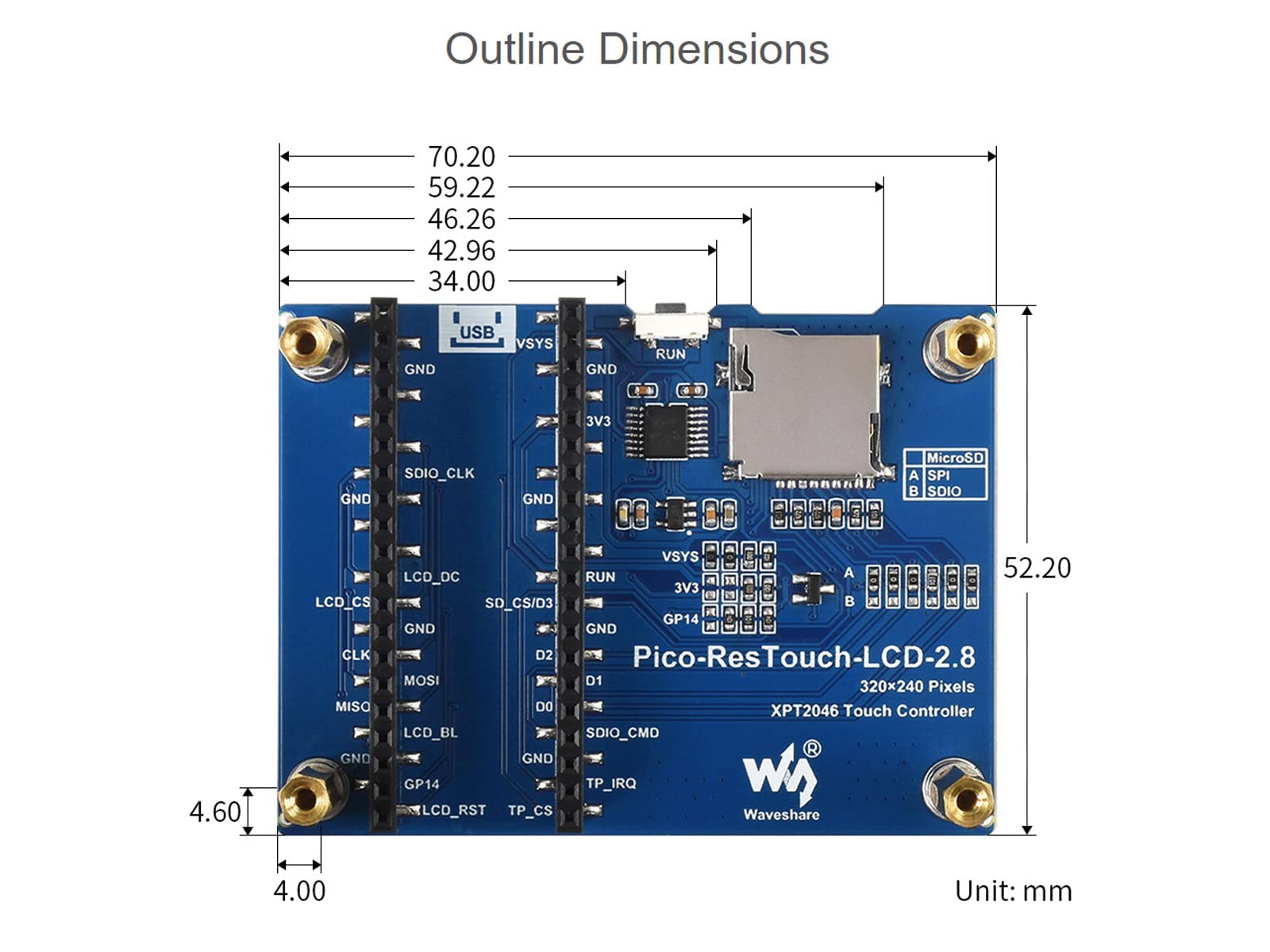 waveshare 2.8inch Touch Display Module for Raspberry Pi Pico 262K Colors 320×240 Pixels Resistive Touch Controller XPT2046 ST7789 Driver Using SPI Bus