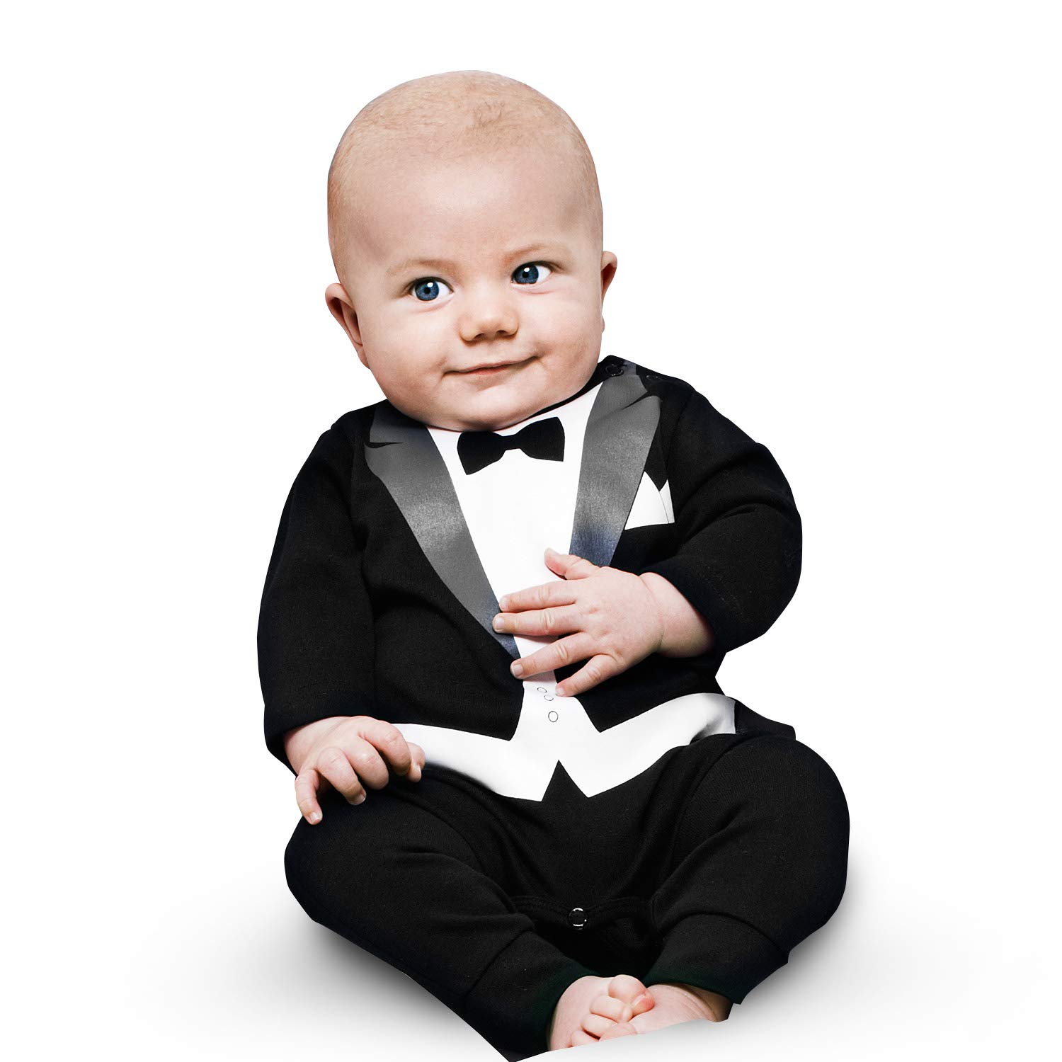 The Tiny Universe Tuxedo Onesie Classic for Baby Boys, Body Suit, Jumpsuit Gentleman Wedding Outfit - Original Swedish Design (Classic Black, 68 / 6M)