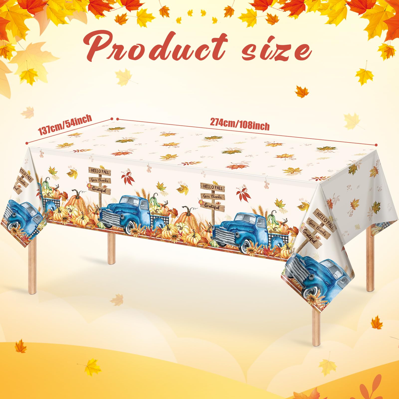3 Pack Fall Tablecloth for Rectangle Tables, Disposable Fall Pumpkin Thanksgiving Table Cover, Maple Leaf Truck Fall Farmhouse Plastic Table Cloth for Autumn Thanksgiving Harvest Party Decorations