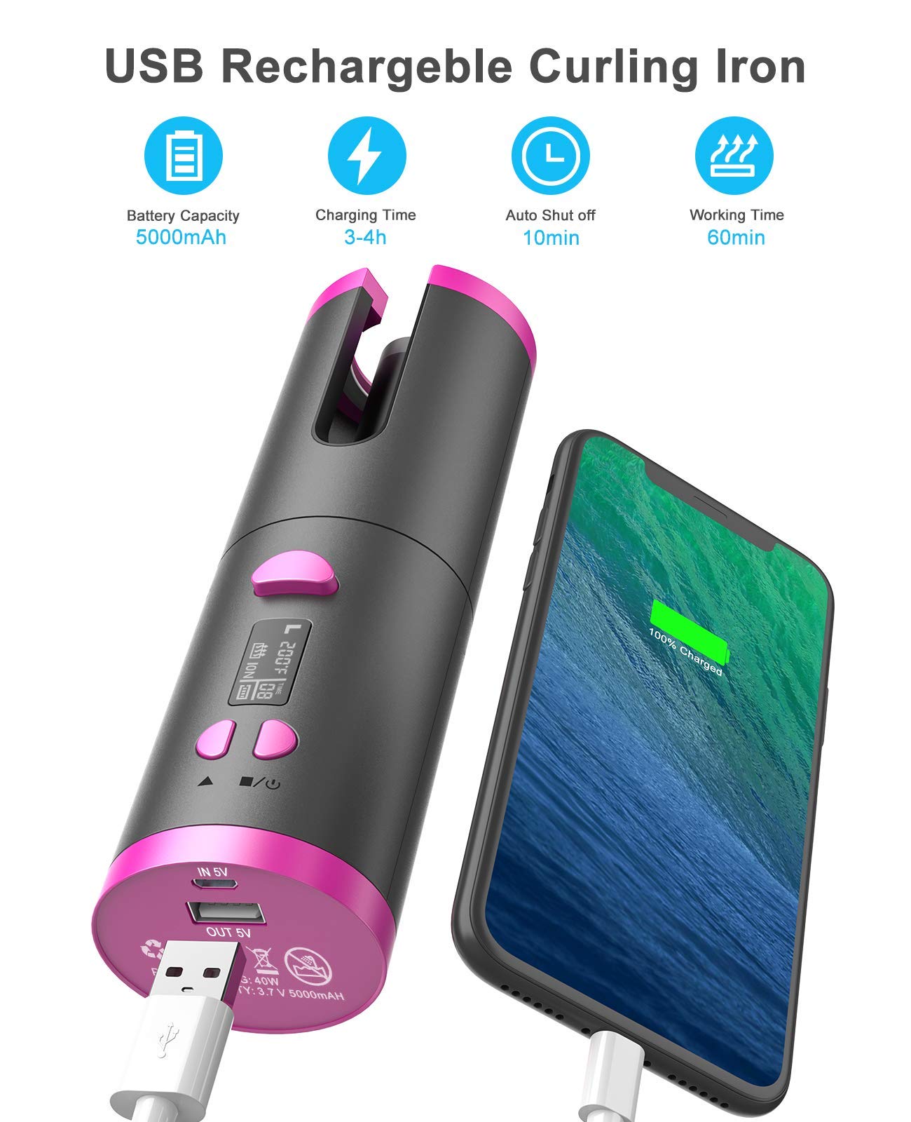 Curling Iron Automatic Cordless Hair Curler with 6 Temperature & Timer Settings, Portable Auto Shut-Off Rechargeable Curling Wand for Girls