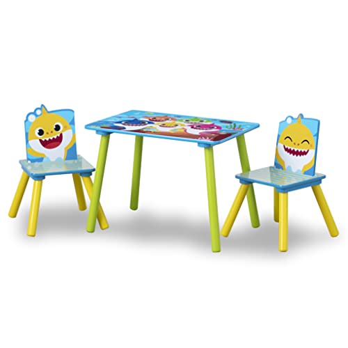 Baby Shark 5-Piece Toddler Bedroom Set by Delta Children - Includes Bed, Table with 2 Chairs and 6 Bin Design and Store Toy Organizer, Blue