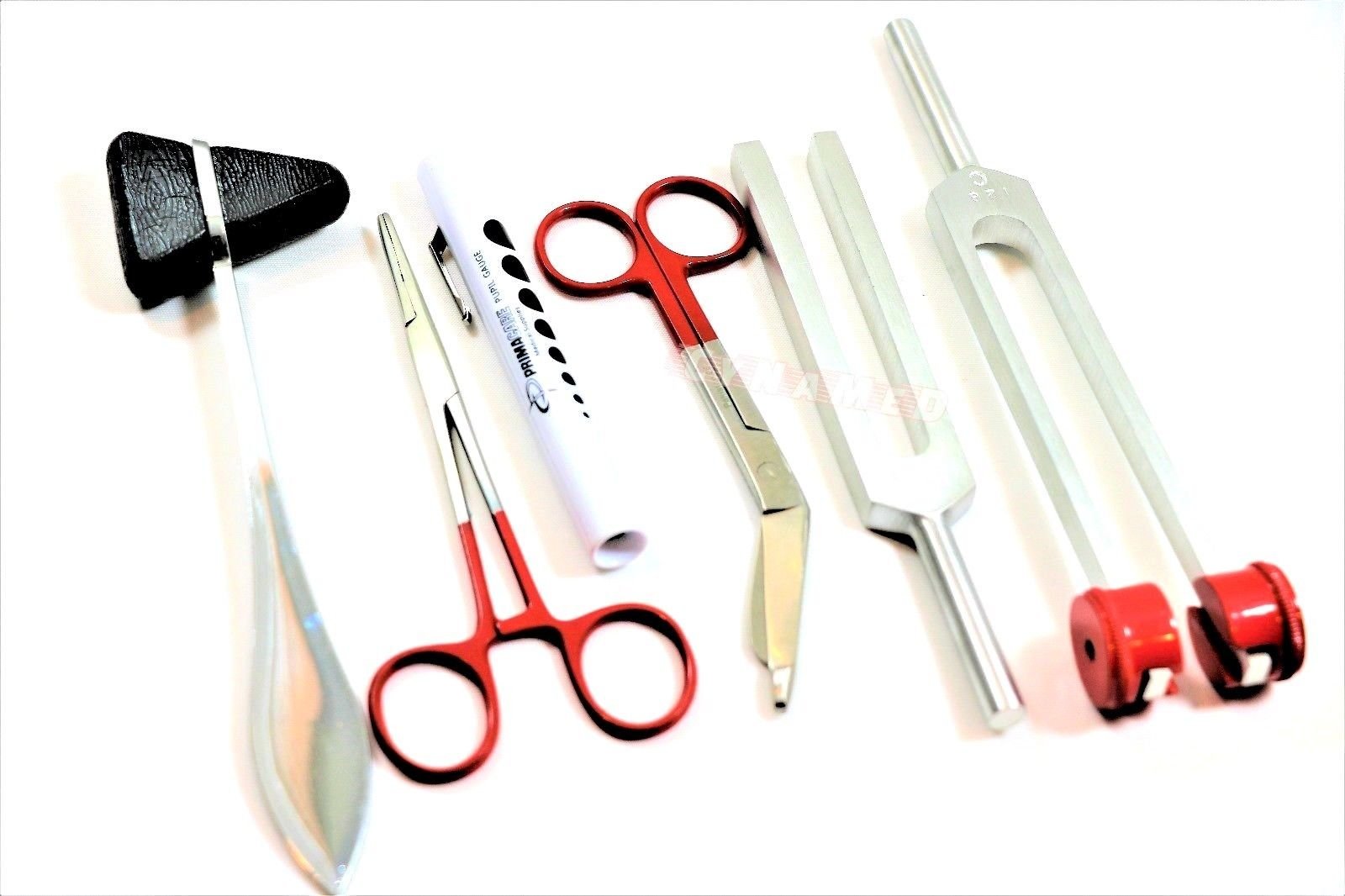 6 Pcs Reflex Percussion Taylor Hammer Penlight Tuning Fork C 256 C 512 Bandage Scissors 5.5 Inches Hemostat Forceps 5.5 Inches Cynamed