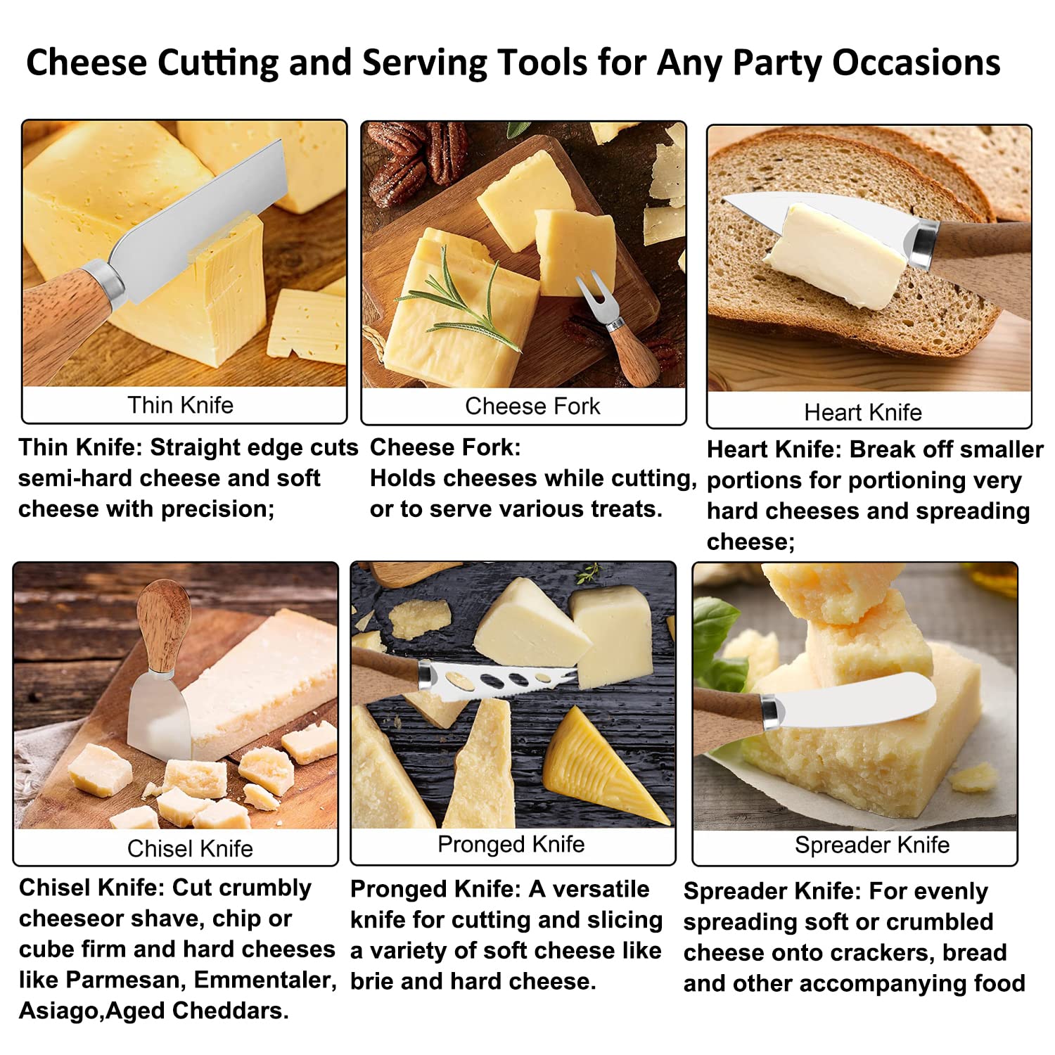 6 Piece Cheese Knives Set with Wooden Handle,Mini Steel Stainless Cheese knife set for Charcuterie and Cheese spread, Perfect for Cheese Slicer and Butter Cutter