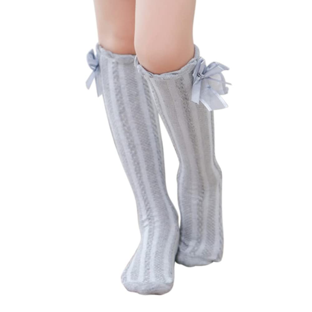 Toptim Little Girl's Knee High Socks Over Calf Kids Overknee Stockings Bow Style 3-12T(Pink/White/Grey/Black)