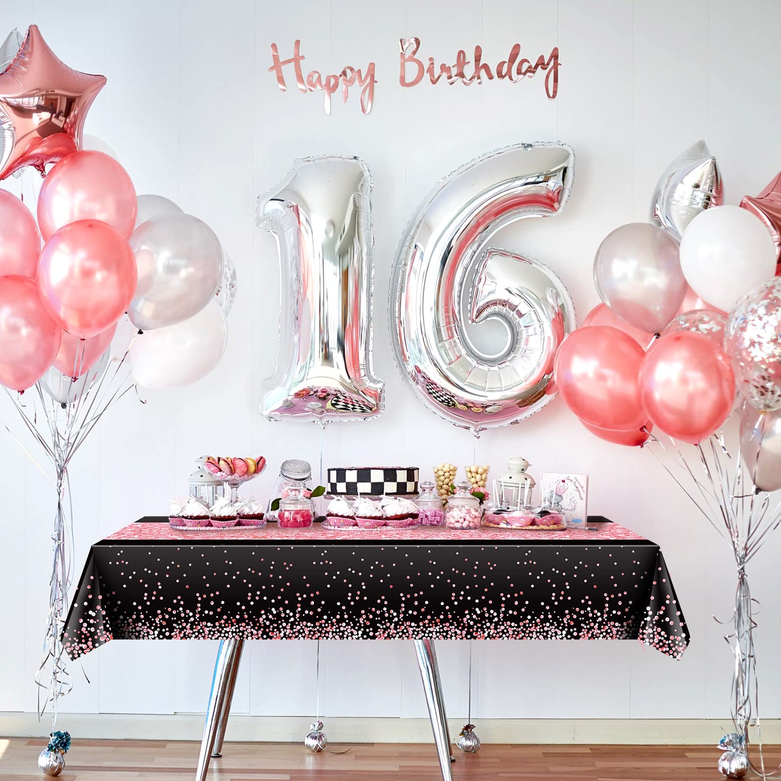 3 Pcs Black Sequin Tablecloth Dining Plastic Table Cover Rectangle Disposable Tablecloth for Graduation Birthday Wedding Anniversary Festive Cocktail Party Supplies, 54 x 108 Inch(Black and Rose Gold)