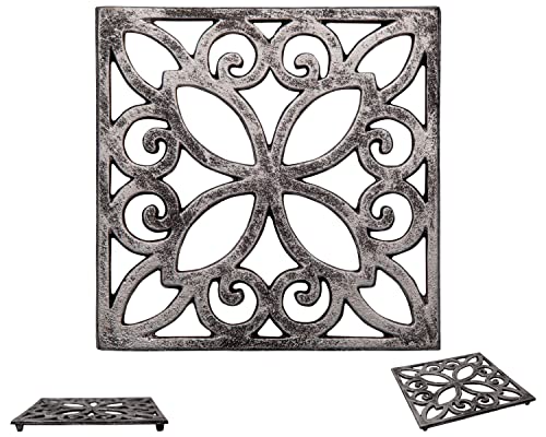Comfify Decorative Cast Iron Trivet for Kitchen Or Dining Table | Square with Vintage Pattern - 6.5 x 6.5 | with Rubber Pegs/Feet - Recycled Metal | Vintage, Rustic Design - Rust Silver Color