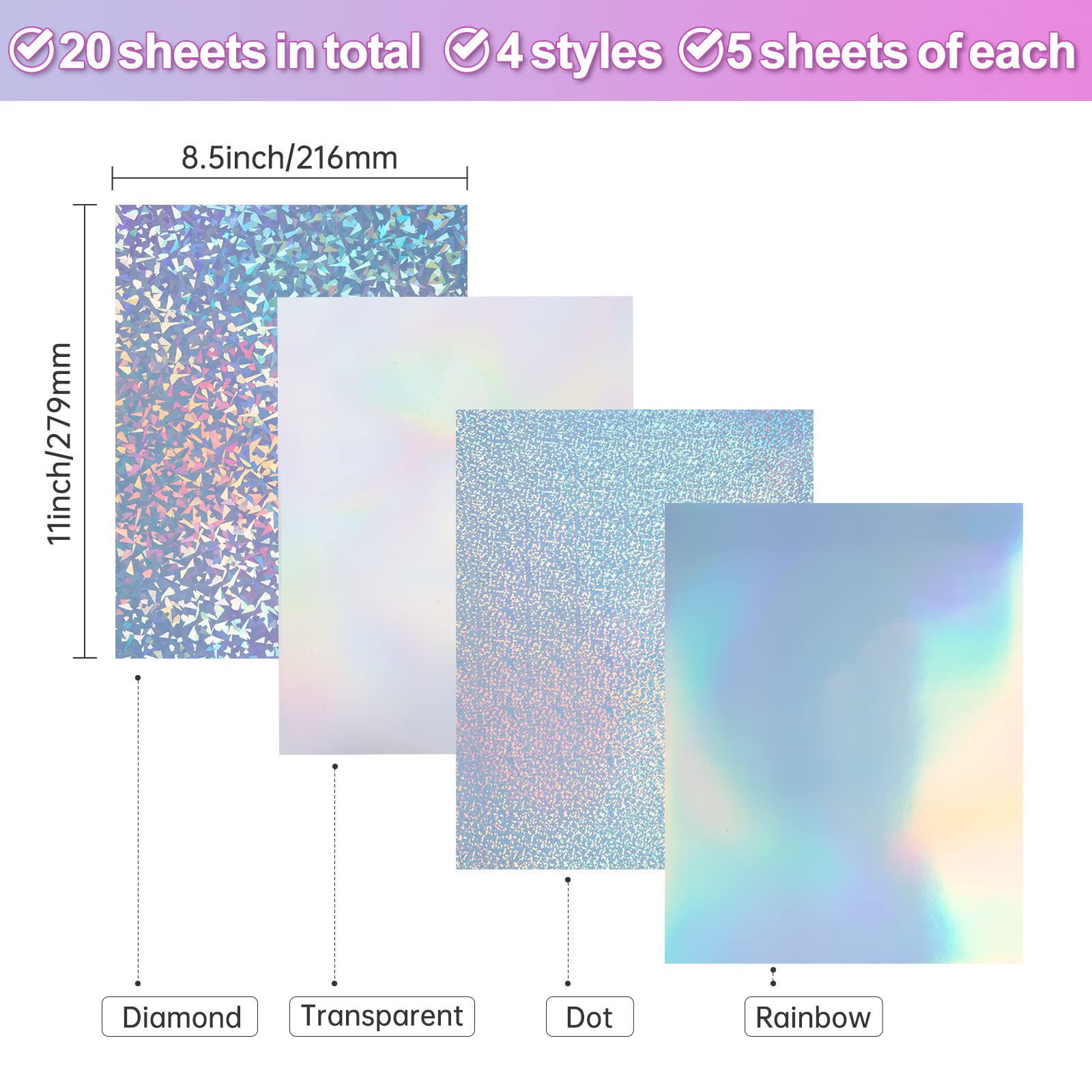 20 Sheets Holographic Sticker Paper for Inkjet & Laser Printer, Printable Vinyl Sticker Paper, Dries Quickly Sticker Paper Waterproof - 8.5x11 inch, Diamond/Rainbow/Dots/Transparent