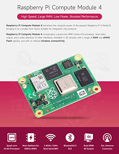 Waveshare Pi Compute Module 4 Comes with an Official Raspberry Pi CM4101032 (with Wireless, 1GB RAM, 32GB eMMC Flash), an Antenna Kit and a HEATSINK(3 Items)