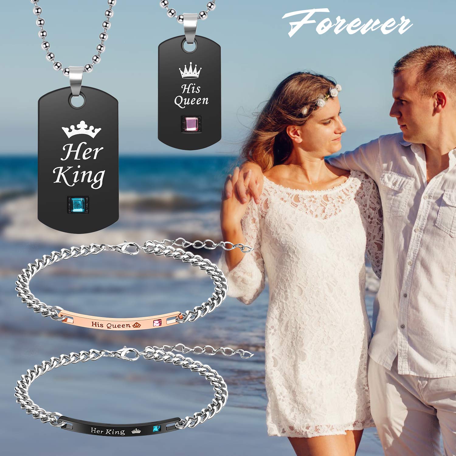 6 Piece Her King His Queen Necklace Bracelet Couple Necklace Bracelet Keychain Set for Valentines Jewelry Gift