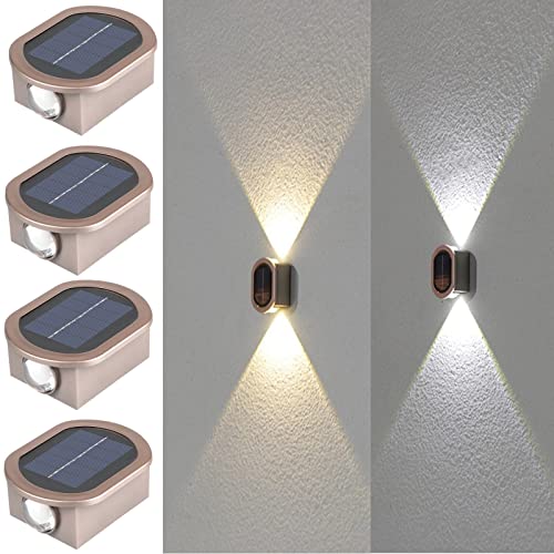 ASLIDECOR 2 LED Solar Wall Light UP and Down 4 Pack Illuminate Outdoor Sunlight Sensor Lamp IP65 Waterproof Modern Nordic Style Decor for Home Garden Porch (Warm White&Cold White) (Bronze)