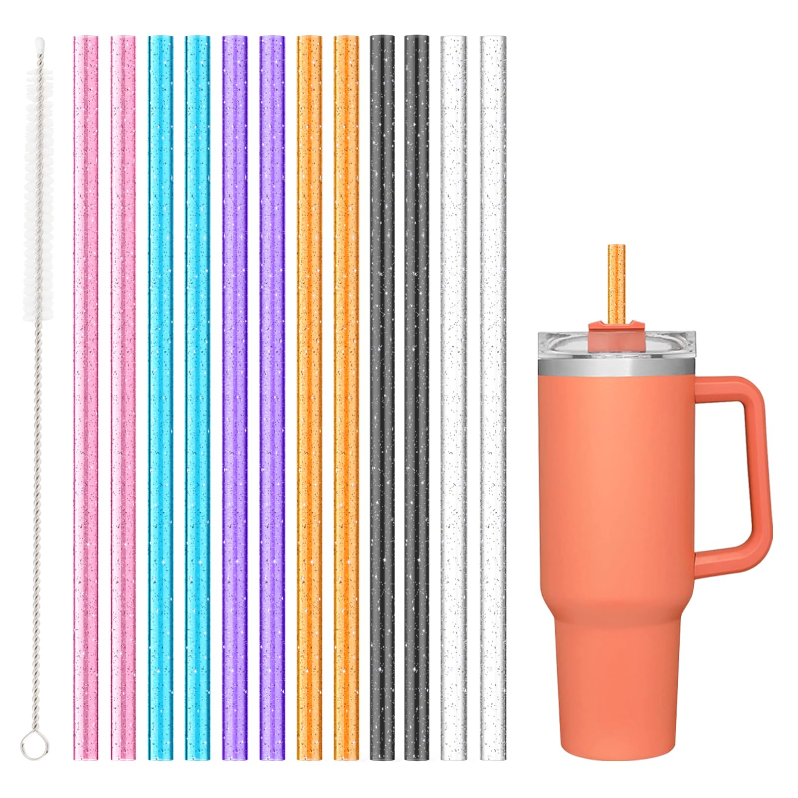 12 Pack Color Replacement Straws for Stanley Owala Simple Modern Tumbler, Yoelike 12in Long Reusable Glitter Straws Accessories for Tumbler Mug Cup, Dishwasher Safe and BPA Free