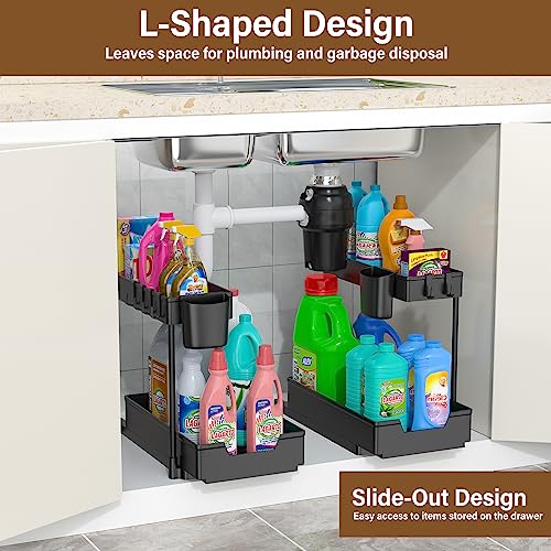 2 Pack Under Sink Organizers and Storage L-Shape 2 Tier Pull Out Sliding Drawer Narrow Space Storage Multipurpose Sliding Kitchen Cabinet Bathroom Organization Under Sink Cleaning Supply Organizer