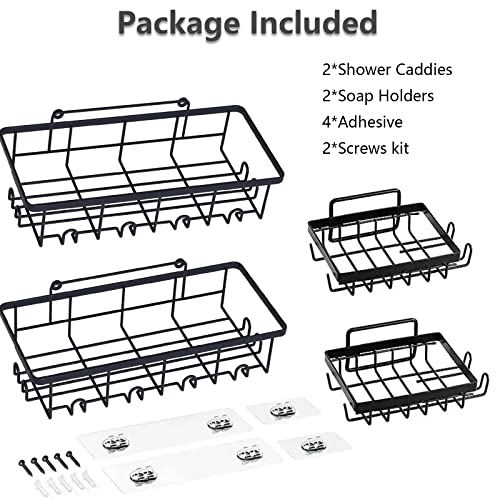 4-Pack Adhesive Shower Caddy, Bathroom Organizer with Soap Holder, Rustproof Stainless Steel Shower Organizer, Wall Mounted No Drilling Shower Rack with Hooks for Bathroom, Kitchen, Washroom- Black