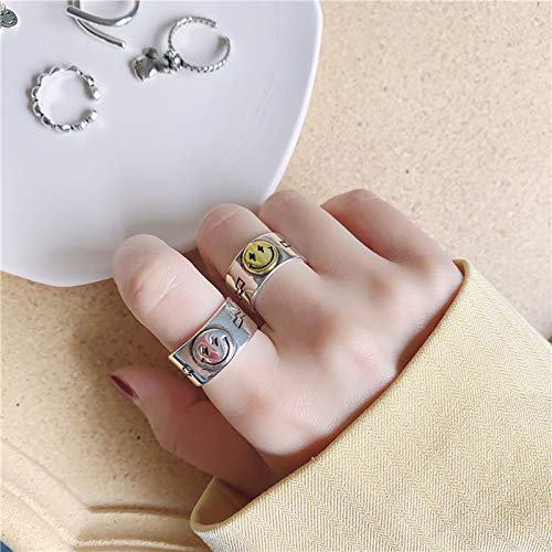2 Pieces Smiley Face Rings for Women Gold Silver Smiley Ring Adjustable Wide Chunky Ring Vintage Statement Ring Jewelry for Women Girls (B:smiley face-silver)