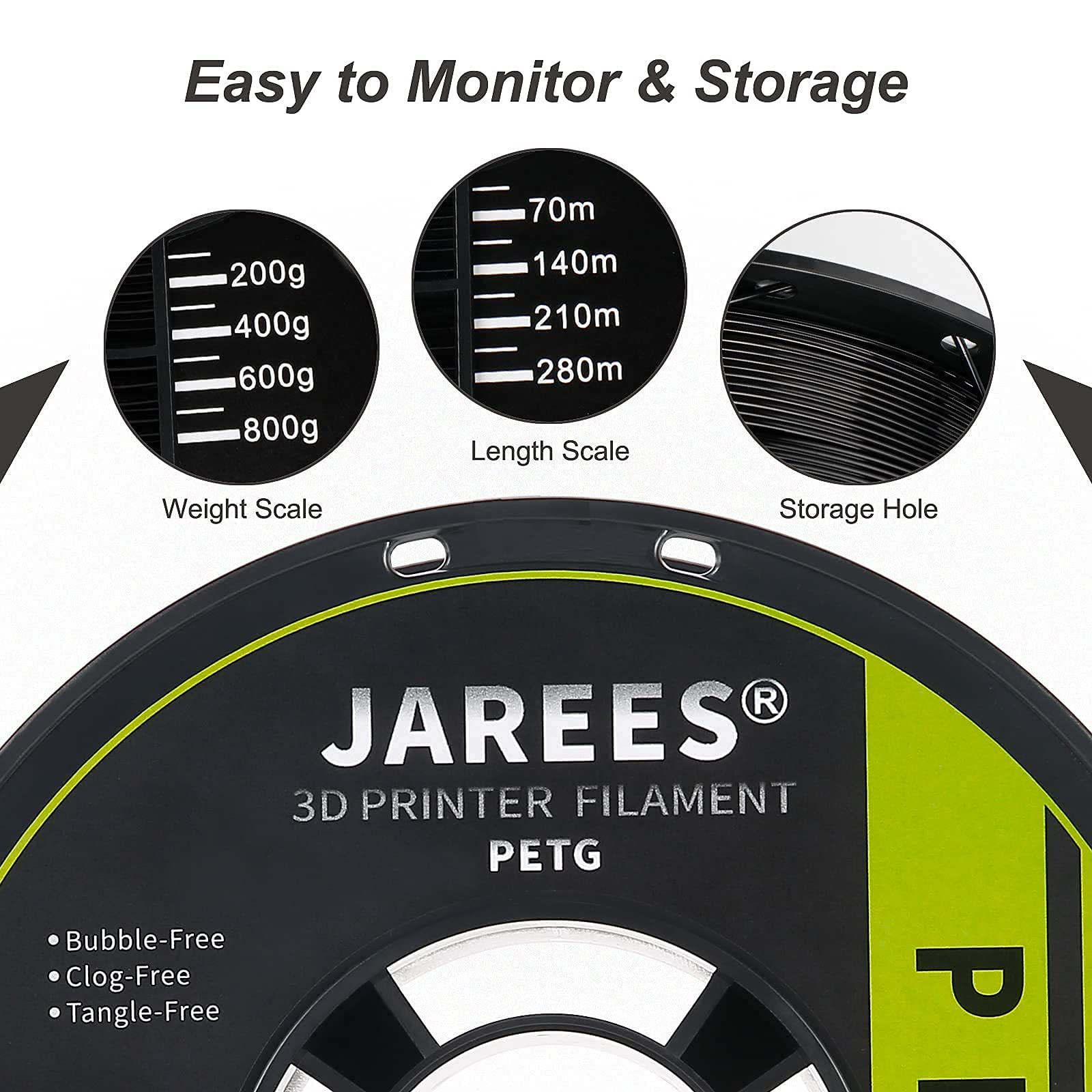 JAREES Petg Filament 1.75,Toughness Enhanced Petg Vacuum Sealed,Adhere Well 1kg Spool 3D Printer Filament,Dimensional Accuracy 1.75mm ±0.02mm,Black