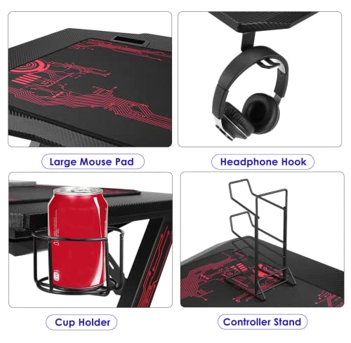 43 inch Gaming Desk, Ergonomic Computer Desk K-Shaped Sturdy Craft Table, Home Office Student Writing Table with Handle Rack, Cup Holder, Headphone Hook, Full Mouse pad, Black